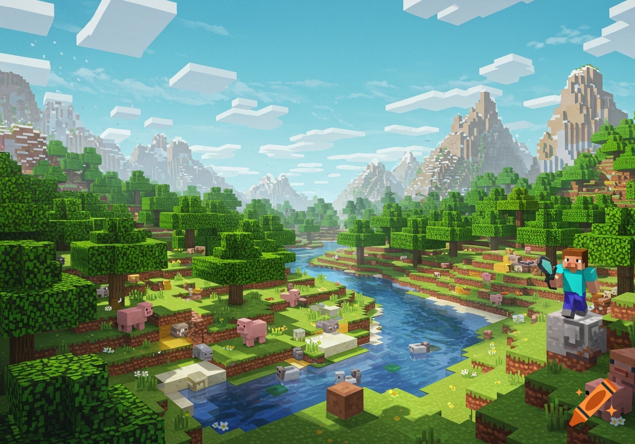 Minecraft logo in blocky 3D style with grass, stone, and a Creeper ...