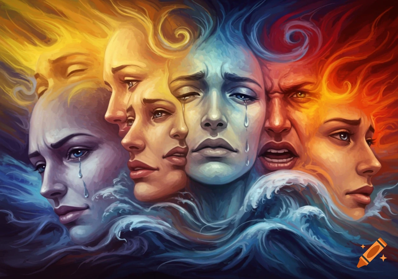 An artistic painting featuring multiple stylized faces merging ...