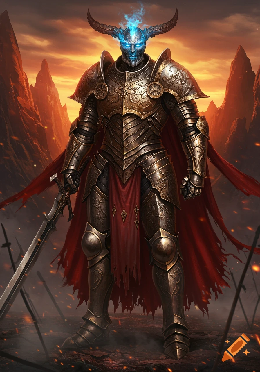 A formidable horned, skull-faced warrior in ornate knight armor ...