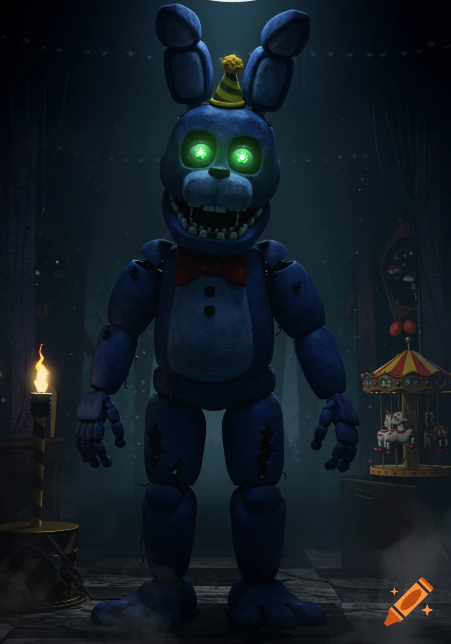 A scary, tall, blue rabbit animatronic with glowing green eyes, a red ...