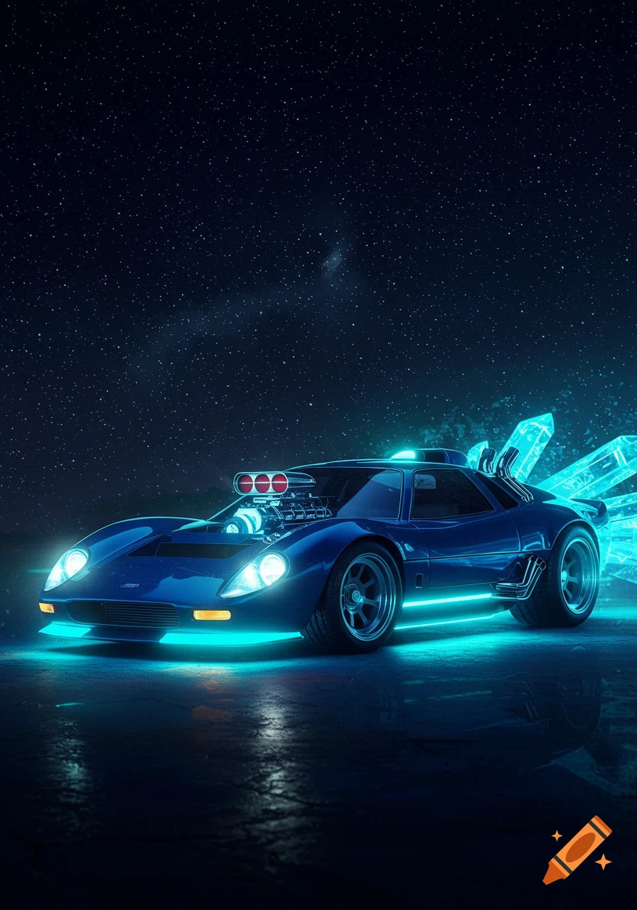 A midnight blue futuristic hot rod with neon underglow and large ...