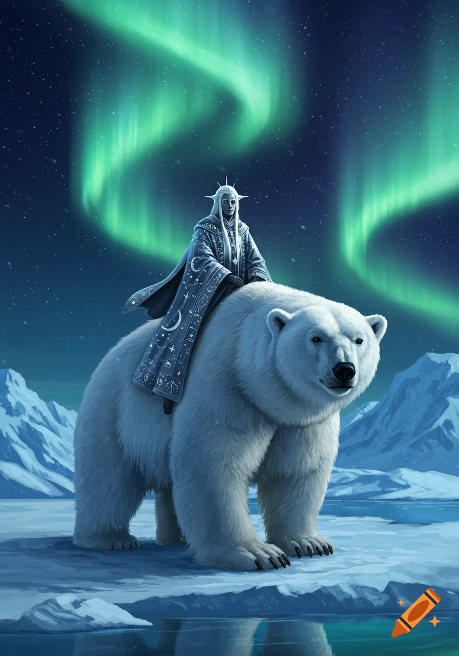 A powerful reindeer with sharp claws stands prominently on a snowy peak ...