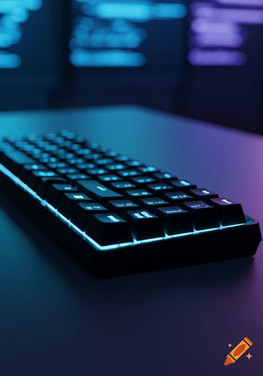 A dark mechanical keyboard with glowing blue keys and purple underglow ...