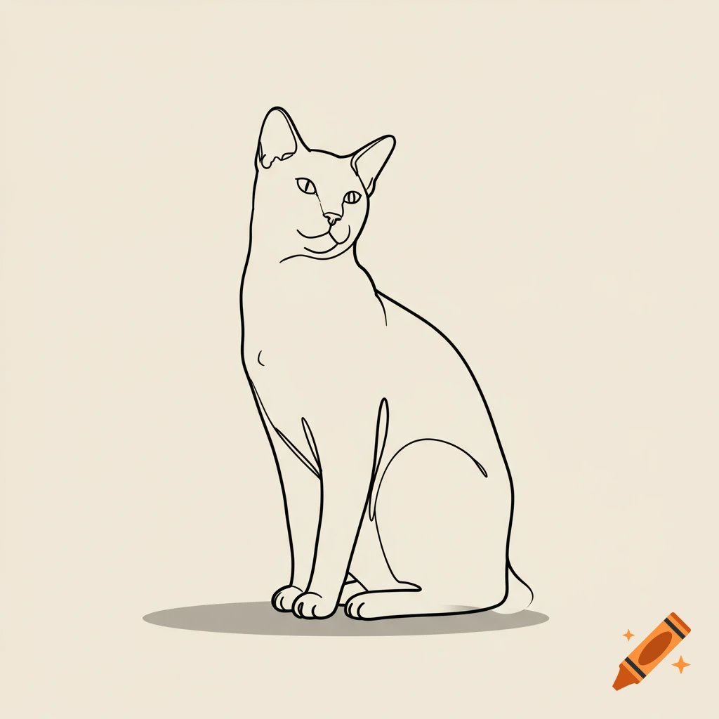 Black and white line drawing of a slender cat sitting upright, framed ...