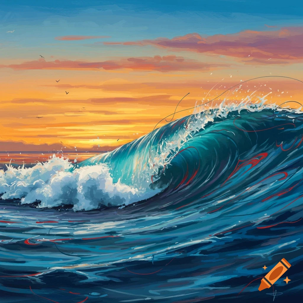 Vibrant painterly image of a large turquoise ocean wave cresting under ...