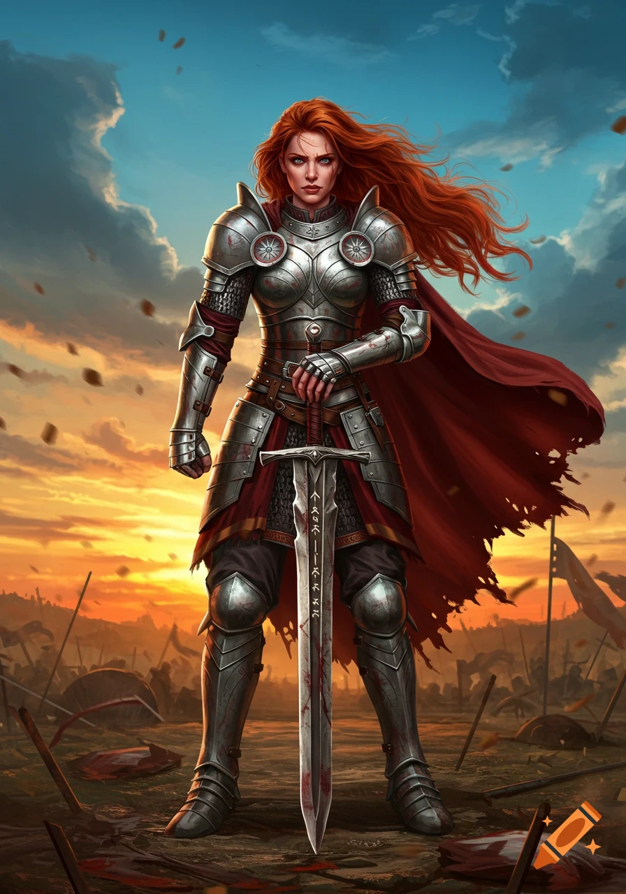 A red-haired female warrior in silver armor and a red cape stands with ...