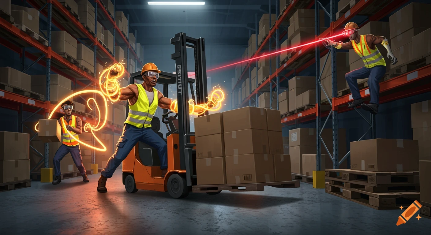 Comic book art of superhero warehouse workers: one on a forklift with ...