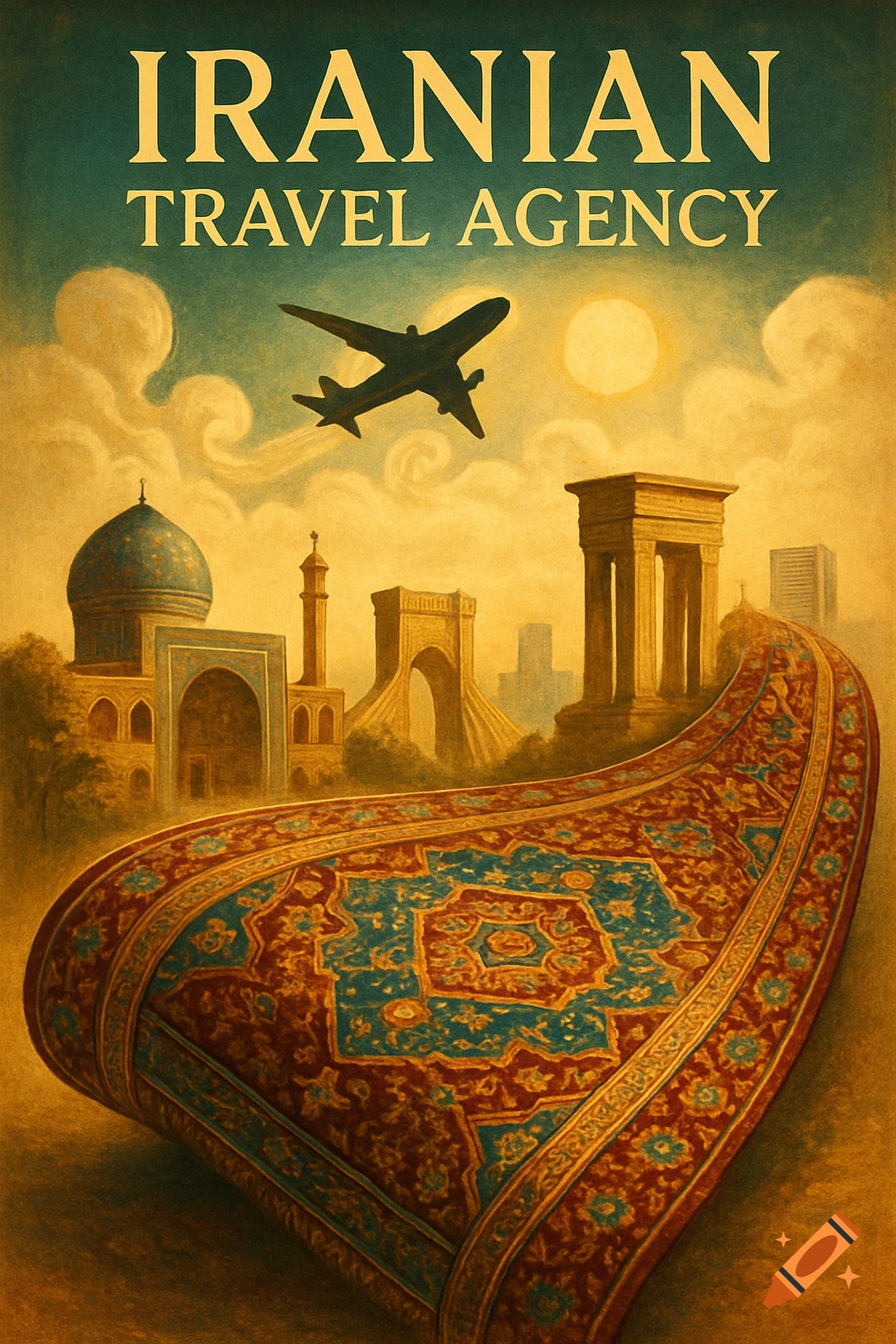 Vintage-style travel poster for an Iranian Travel Agency, featuring a ...