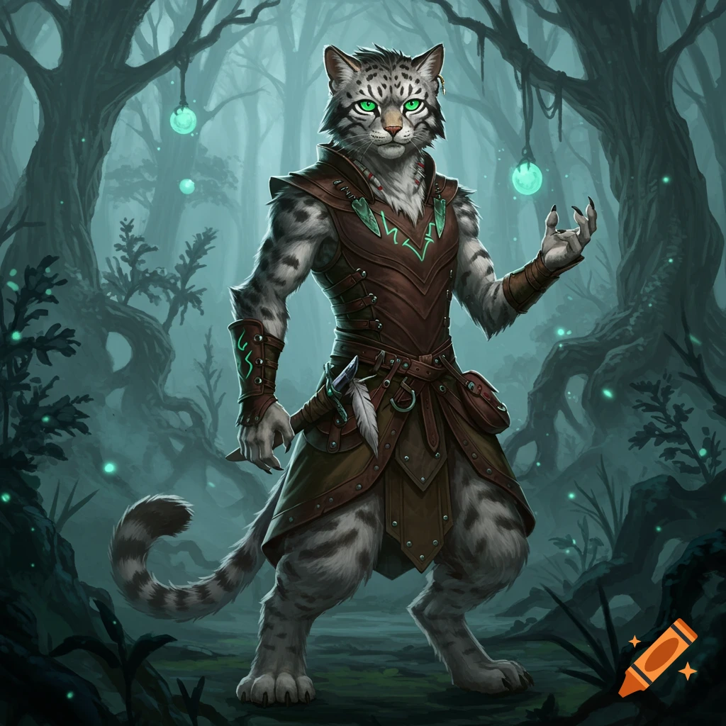A fantasy illustration of a Pallas cat Tabaxi warrior in leather armor ...