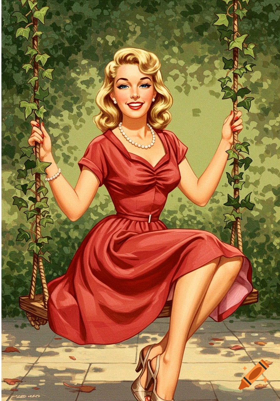 A smiling blonde woman in a red dress on an ivy-covered swing, rendered ...