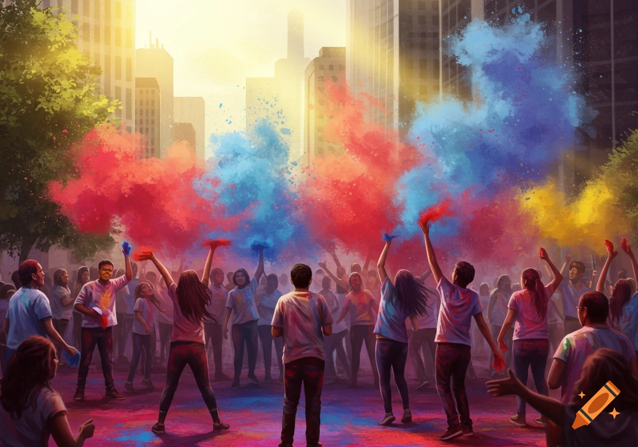 A crowd celebrates Holi in a city, throwing vibrant red and blue powder ...