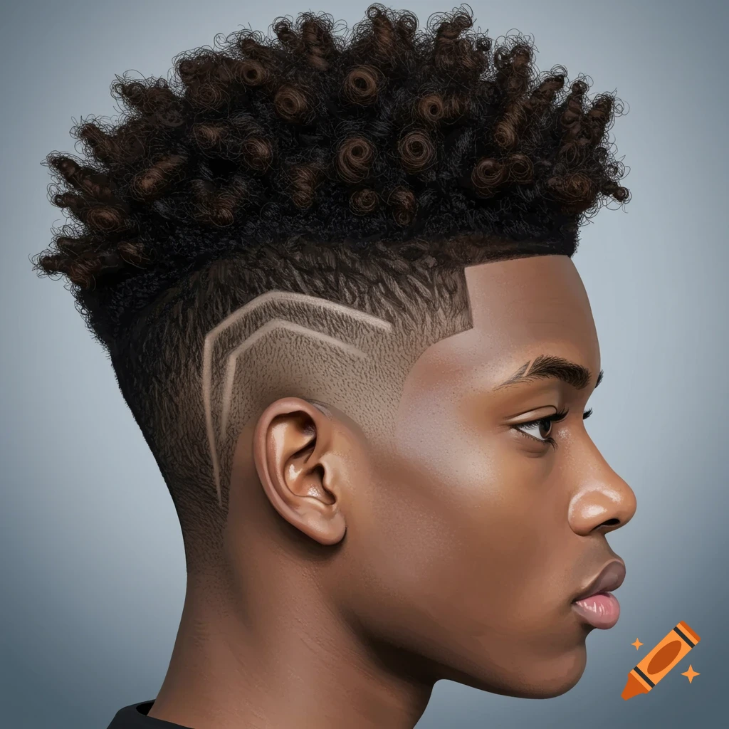 Profile of a young man with a dark curly taper fade haircut featuring a ...