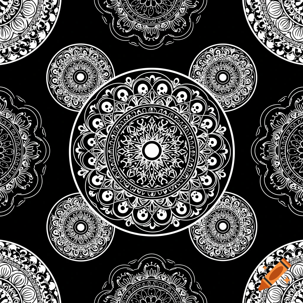 A repeating black and white geometric pattern with concentric circles ...