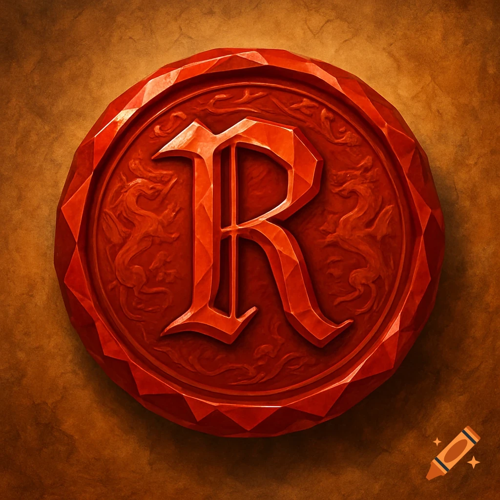 A red faceted coin or wax seal with an ornate, block-like capital ...