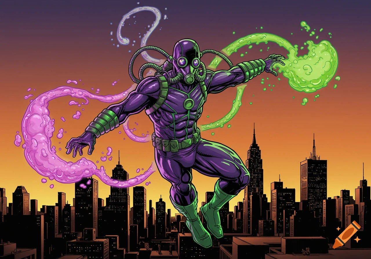 Comic-style superhero in a purple and green costume with a gas mask ...