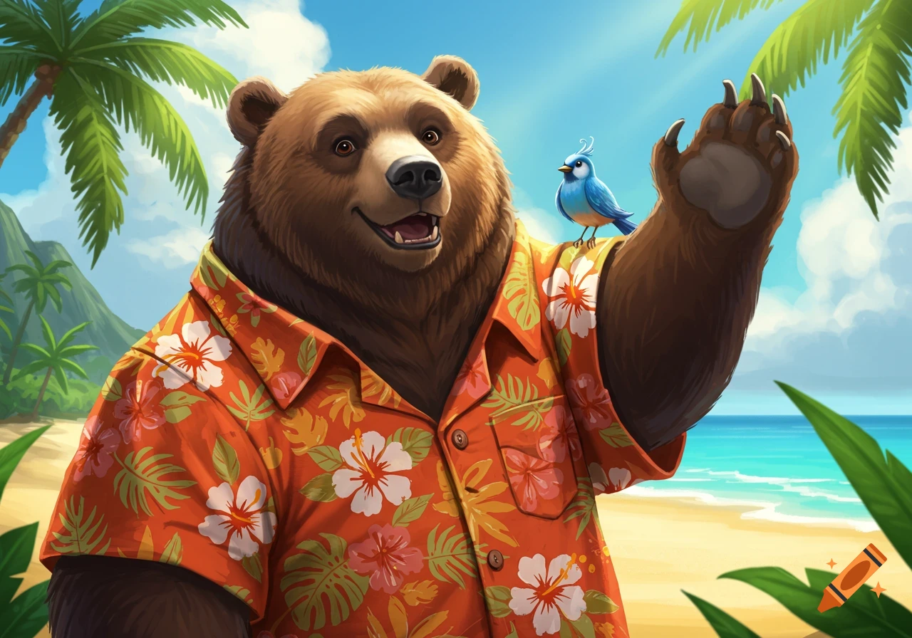 A friendly cartoon bear in a vibrant Hawaiian shirt stands on a ...