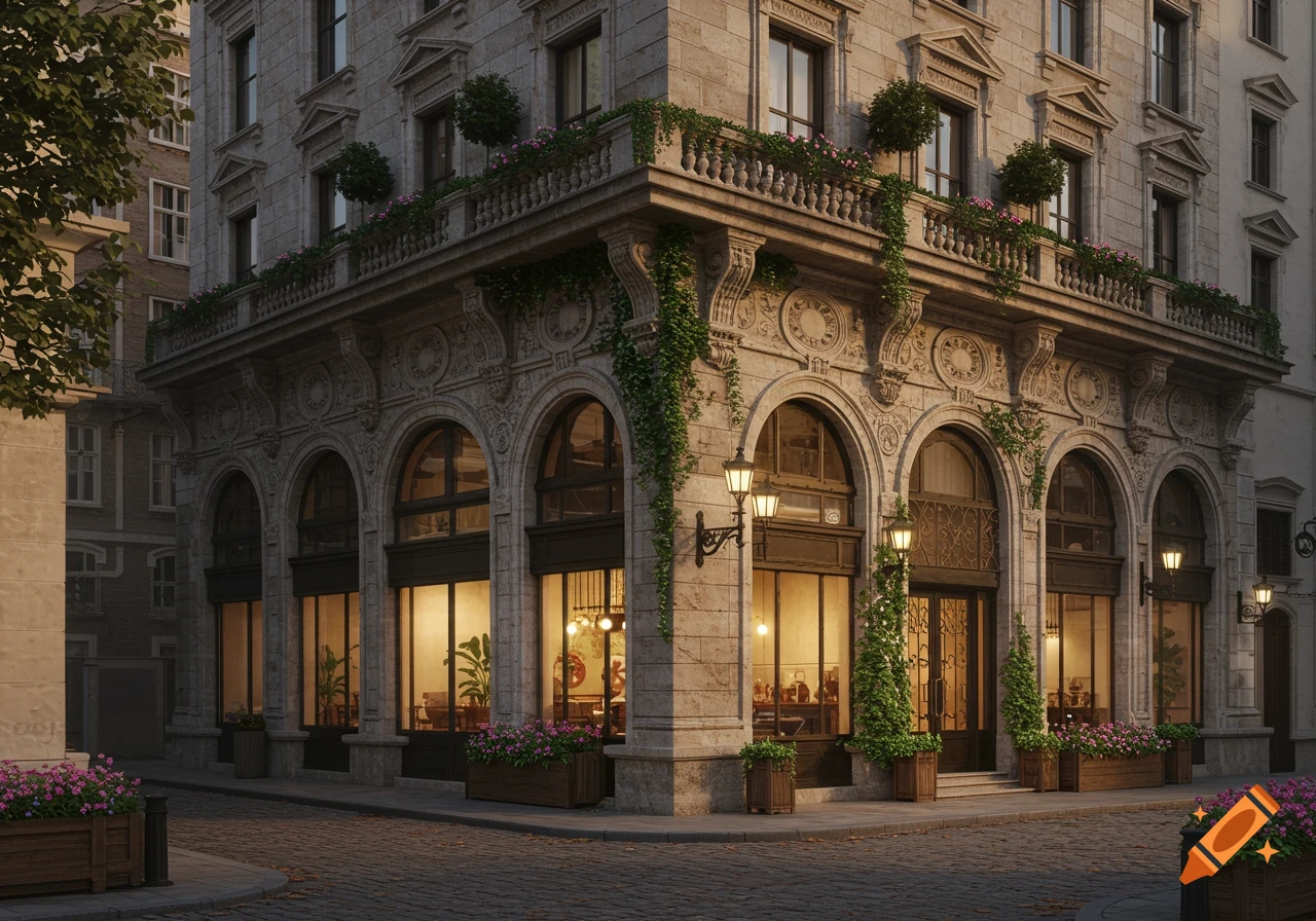 Photorealistic ornate stone building with arched windows, balconies ...