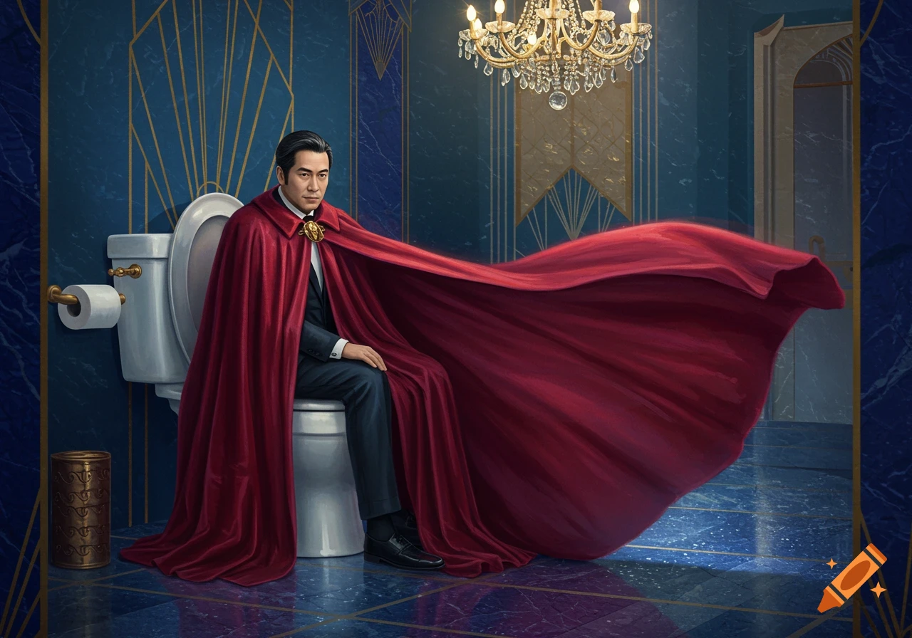 A man in a flowing red cape and suit sits on a toilet in a luxurious ...