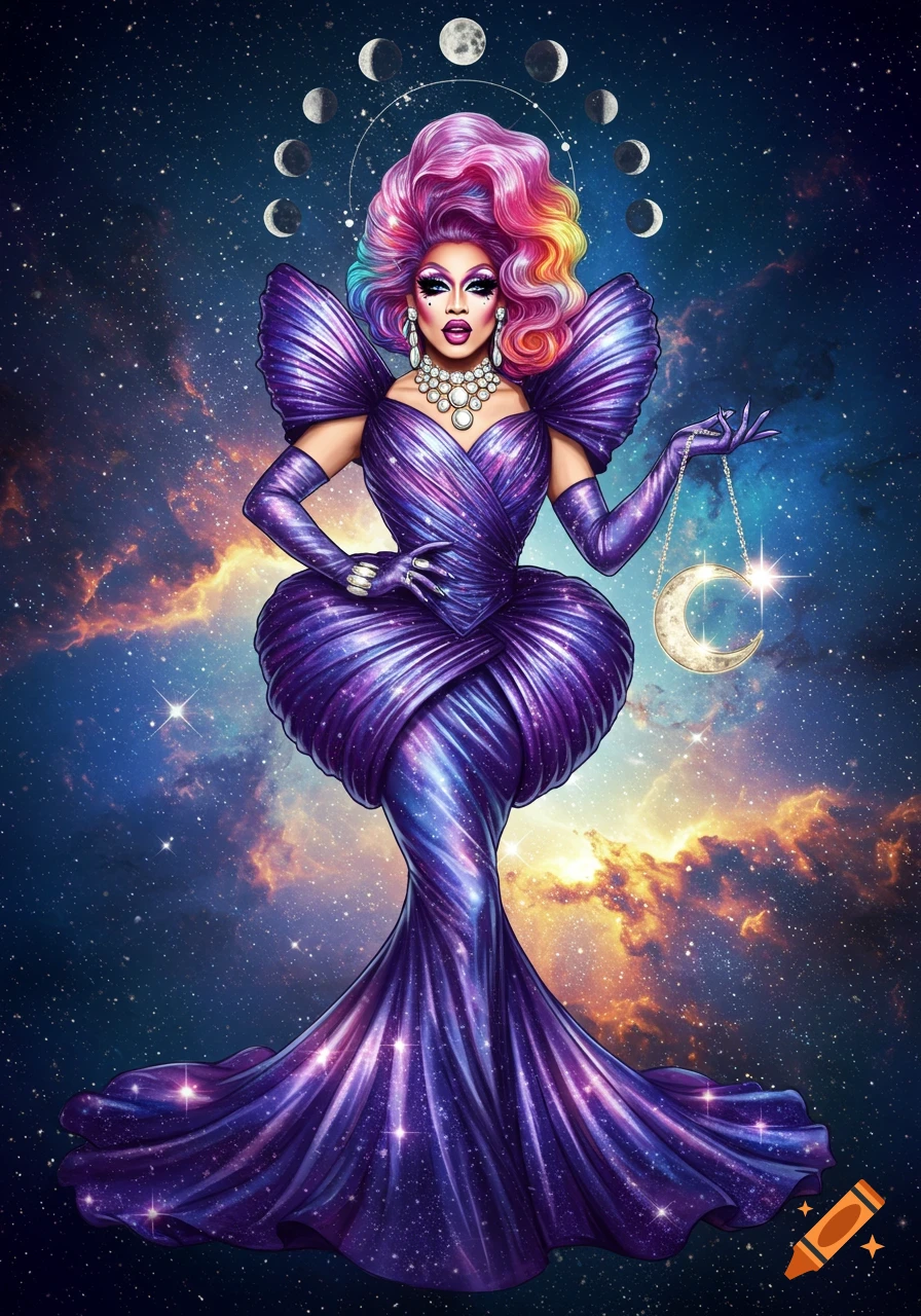 A drag queen in a metallic purple galaxy-themed gown with colorful hair ...