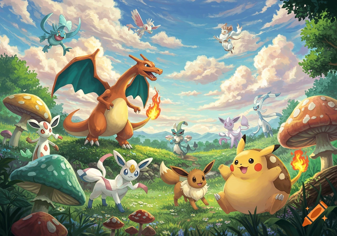 A vibrant illustration of various Pokémon including Charizard, Pikachu ...