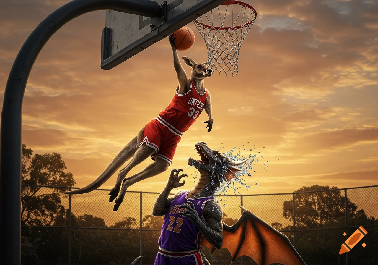 A photorealistic kangaroo in a red basketball jersey dunks a basketball ...