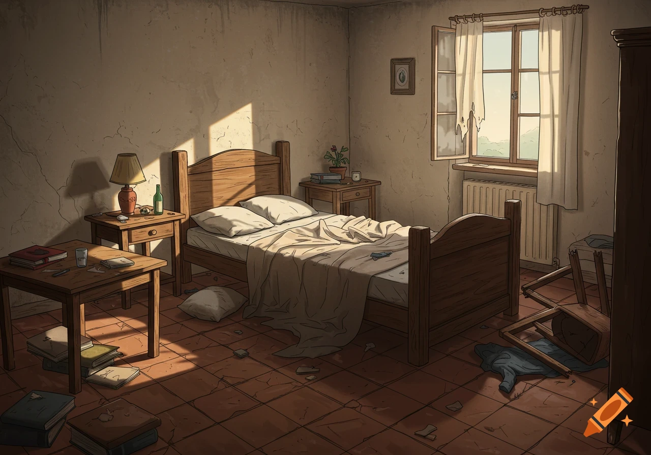 A cartoon-style bedroom resembling Van Gogh's 'Bedroom in Arles' with ...