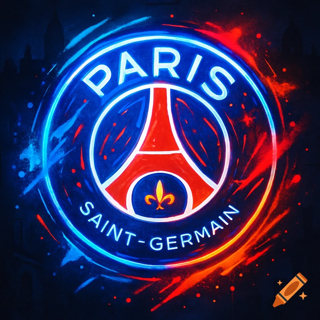 A neon graffiti style Paris Saint-Germain (PSG) logo, glowing blue and ...