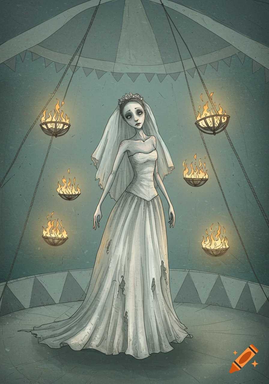 A pale, gaunt bride in a tattered white dress and veil stands in a ...