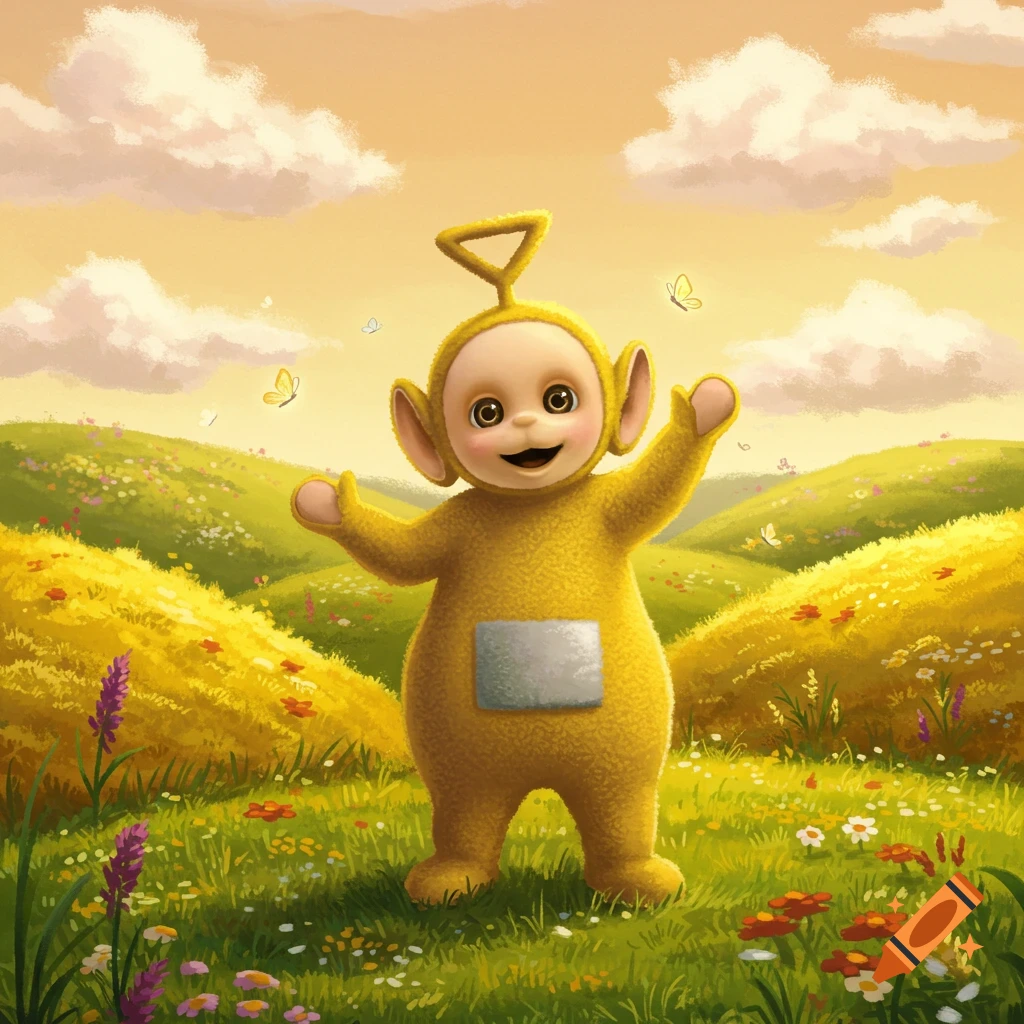 A yellow Teletubby with a triangular antenna stands happily in a sunny ...