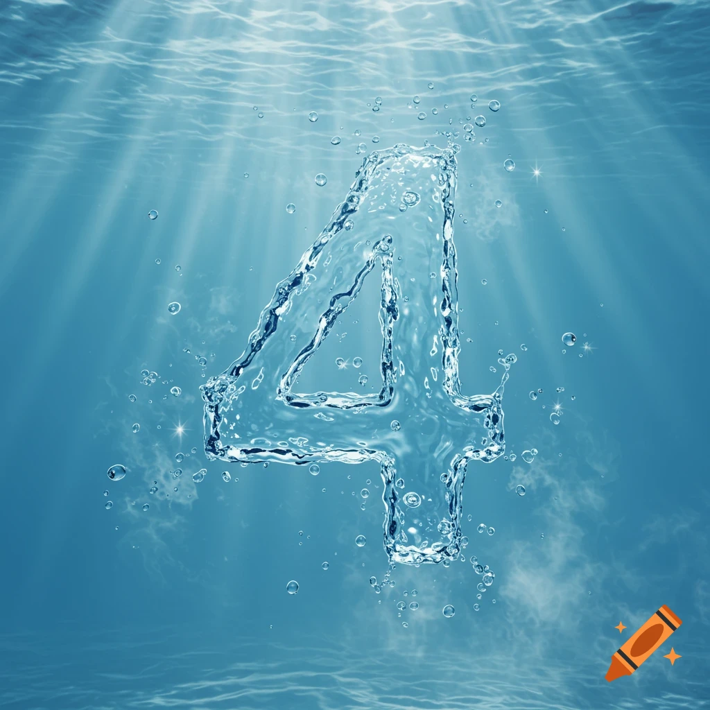 A stylized number 4 made of shimmering water, submerged in a clear blue ...