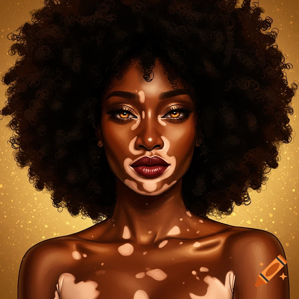 Photorealistic portrait of a dark-skinned woman with a voluminous black ...