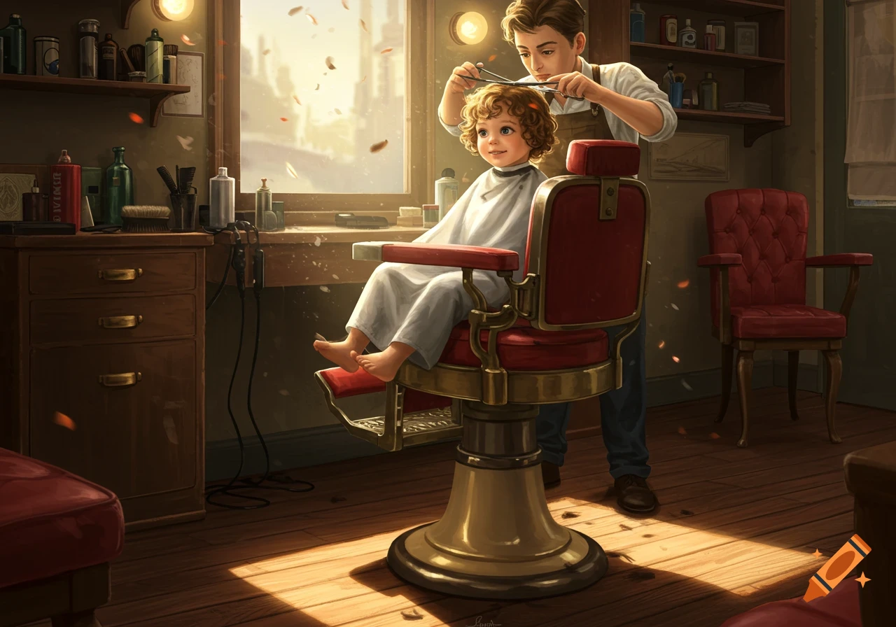 A young boy with curly hair gets a haircut from a barber in a sunlit ...