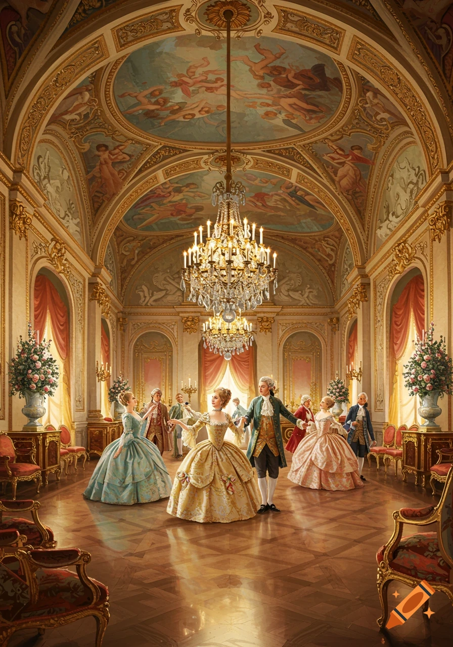 People in 18th-century Rococo attire read books in an ornate French ...