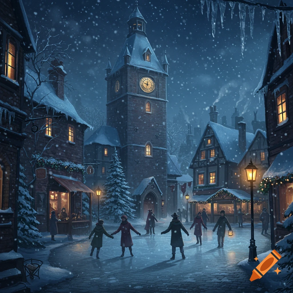 A young girl in a red coat walks down a snowy, narrow alley at night ...