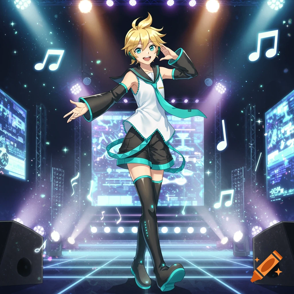 Anime character Kagamine Len, in a Hatsune Miku costume, dances on a ...