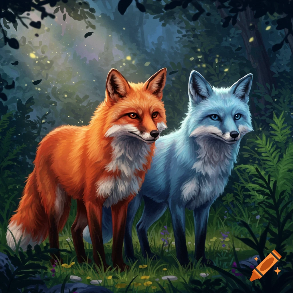 An orange fox and a light blue fox stand side-by-side in a magical ...