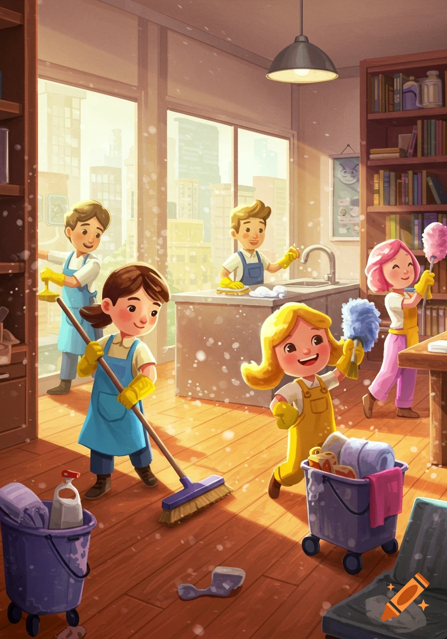 A colorful cartoon illustration shows cheerful children in aprons and ...