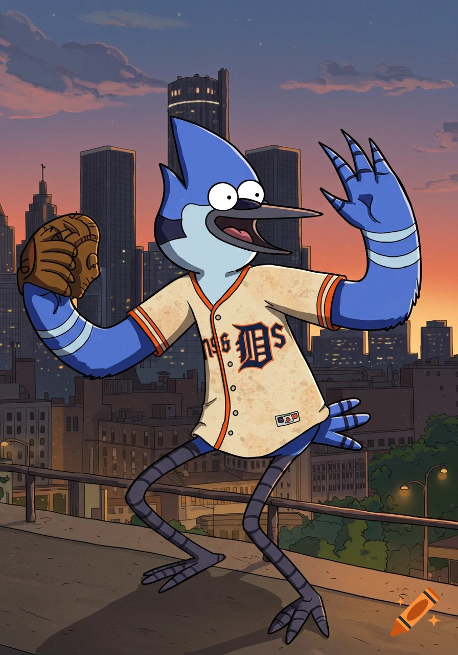 Mordecai from Regular Show in a baseball uniform with a glove, standing ...