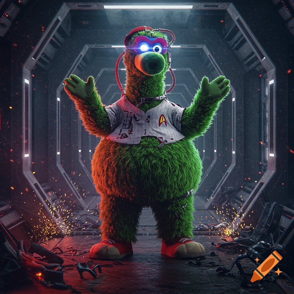 A Borg-assimilated Phillie Phanatic stands in a dark sci-fi corridor ...