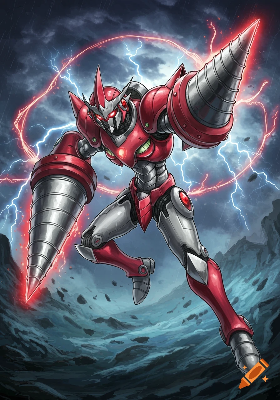 Red and silver Yugioh Drill Warrior robot with drill arms, in a dynamic ...