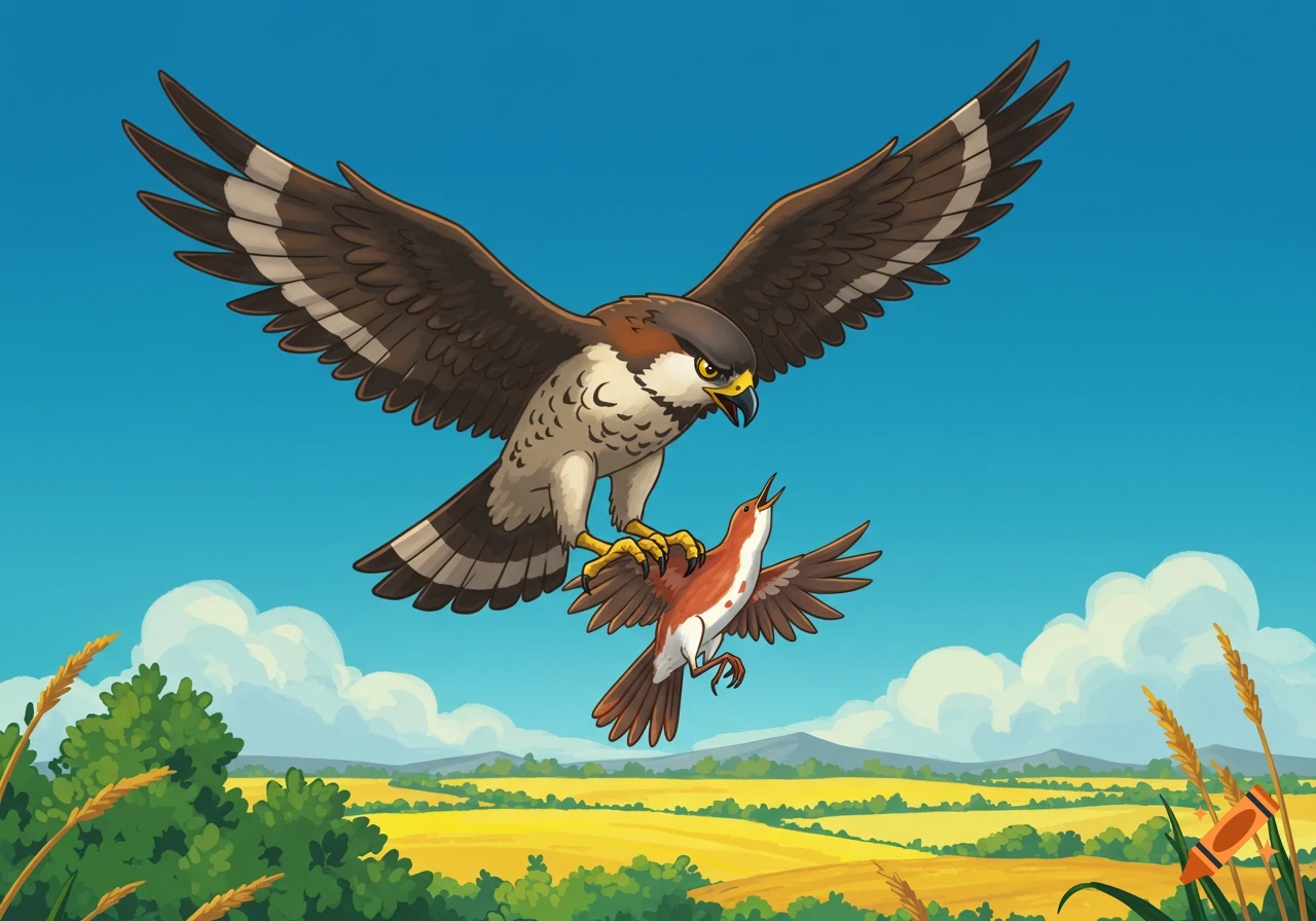 A cartoon hawk with outstretched wings captures a smaller nightingale ...