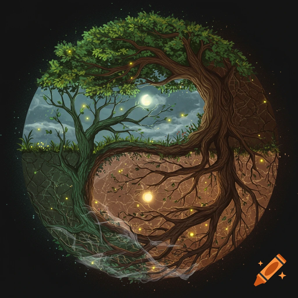 An isometric dark fantasy tree with glowing green cracks on its dark ...