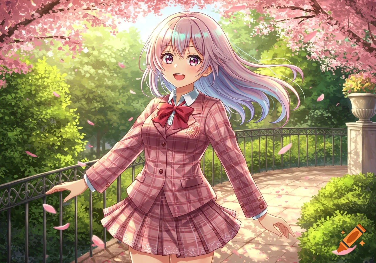 Smiling anime girl with light blue hair jumping under a canopy of pink ...