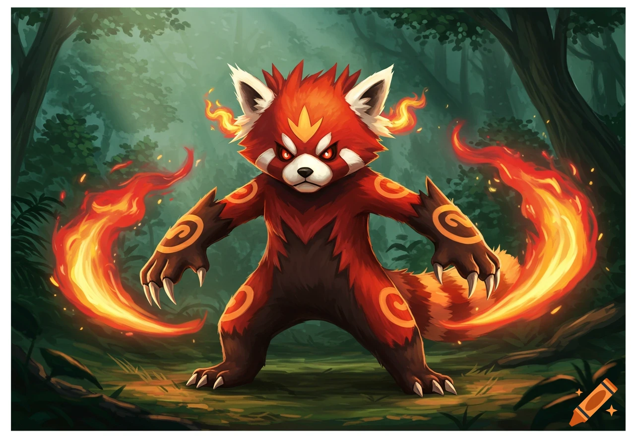A fiery red panda-like creature with glowing eyes and flames swirling ...