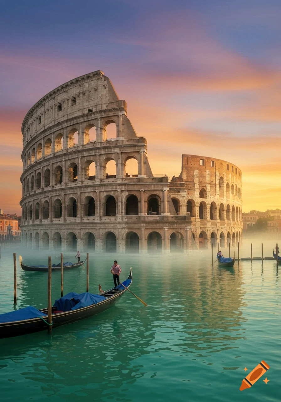 The Roman Colosseum appears to rise from misty turquoise waters in a ...