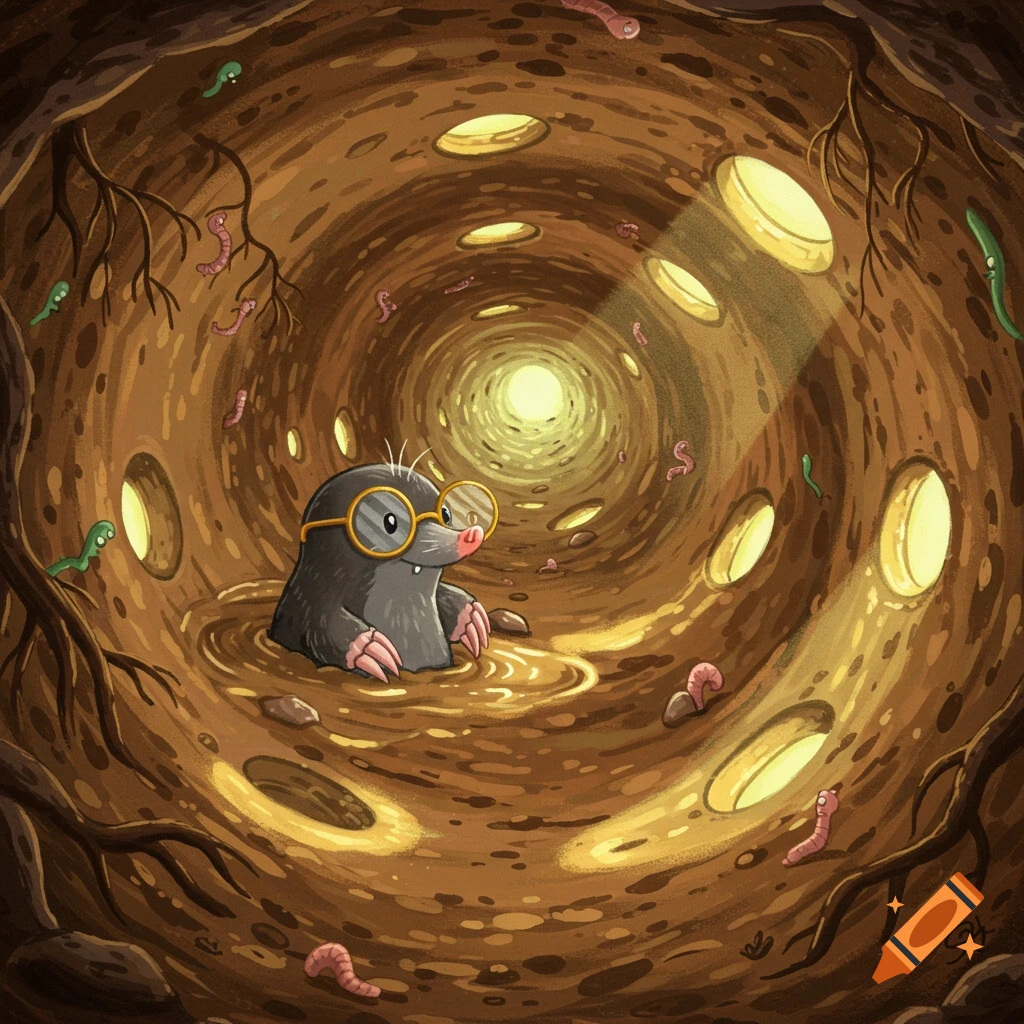 Cartoon mole with round glasses sitting in a muddy tunnel with worms ...