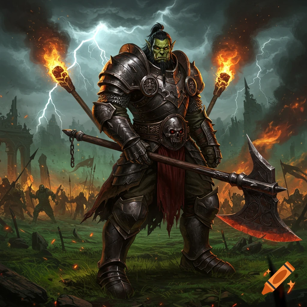 A red-skinned orc warrior in elaborate red and bronze armor holds a ...