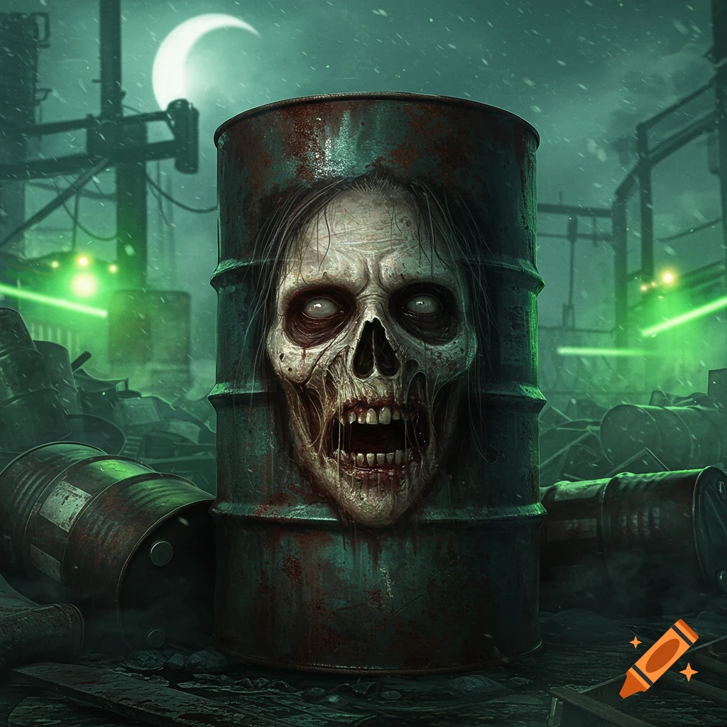 A grotesque zombie head emerges from a rusty industrial barrel in a ...
