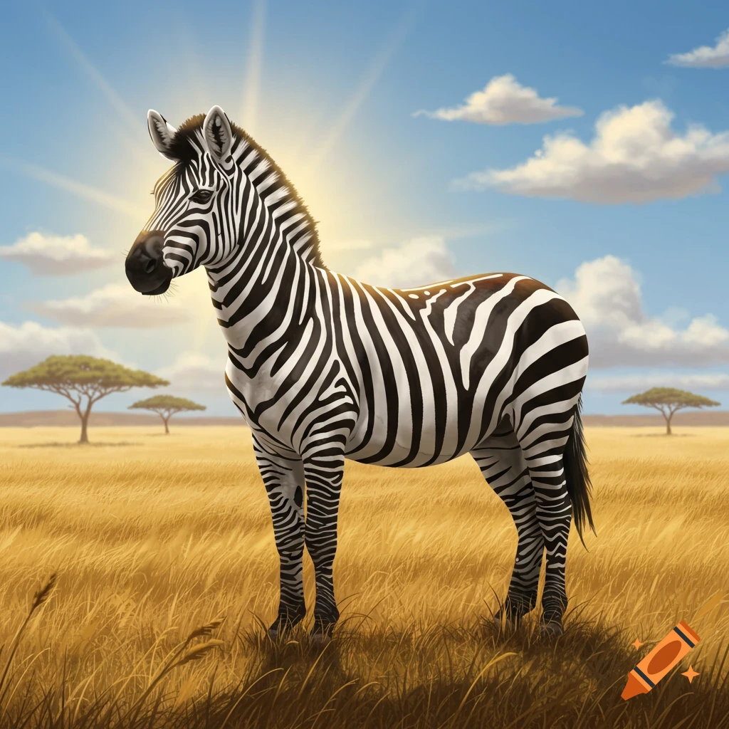 An illustrative image of a zebra standing in a sunny savanna landscape ...