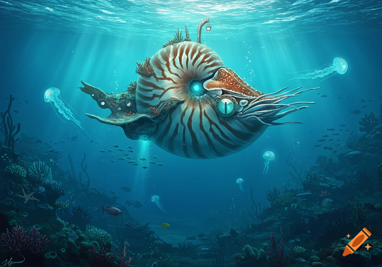 A majestic nautilus shell-shaped submarine with steampunk details ...